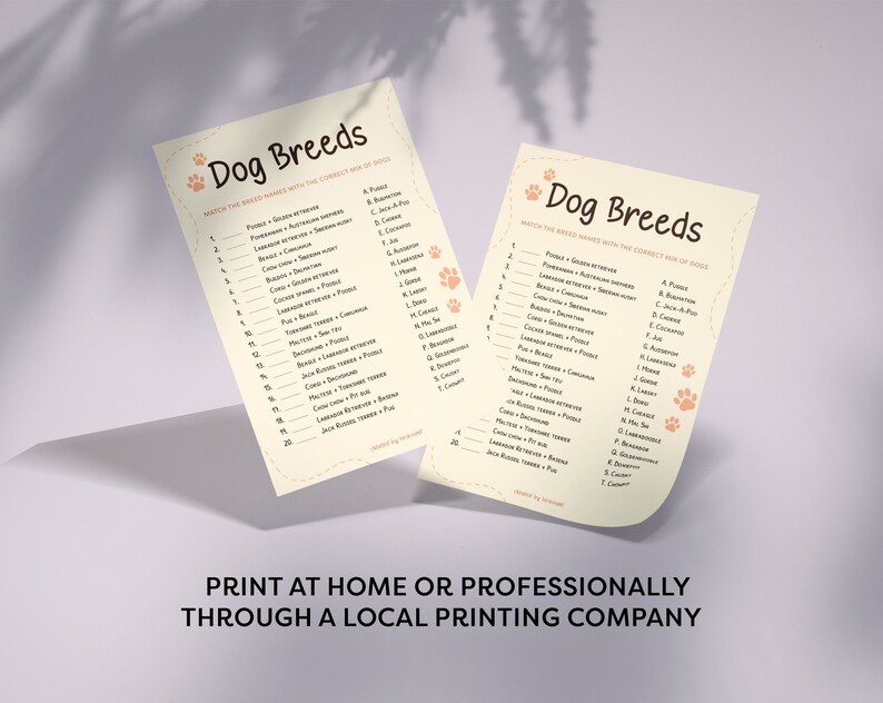 Dog Breeds Match up Trivia Game, Printable Party Games, Party Game for ...