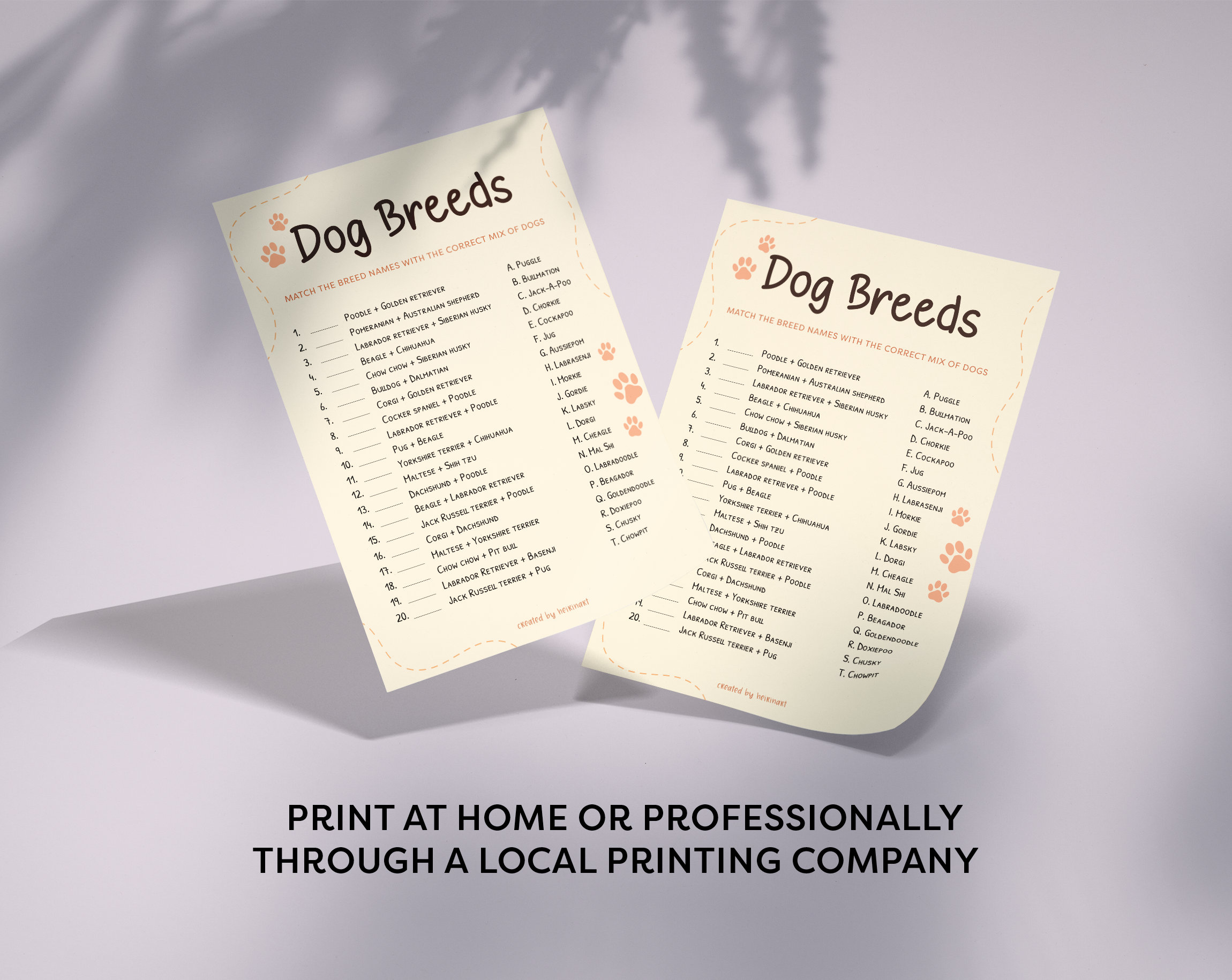 Dog Breeds Match up Trivia Game, Printable Party Games, Party Game for ...