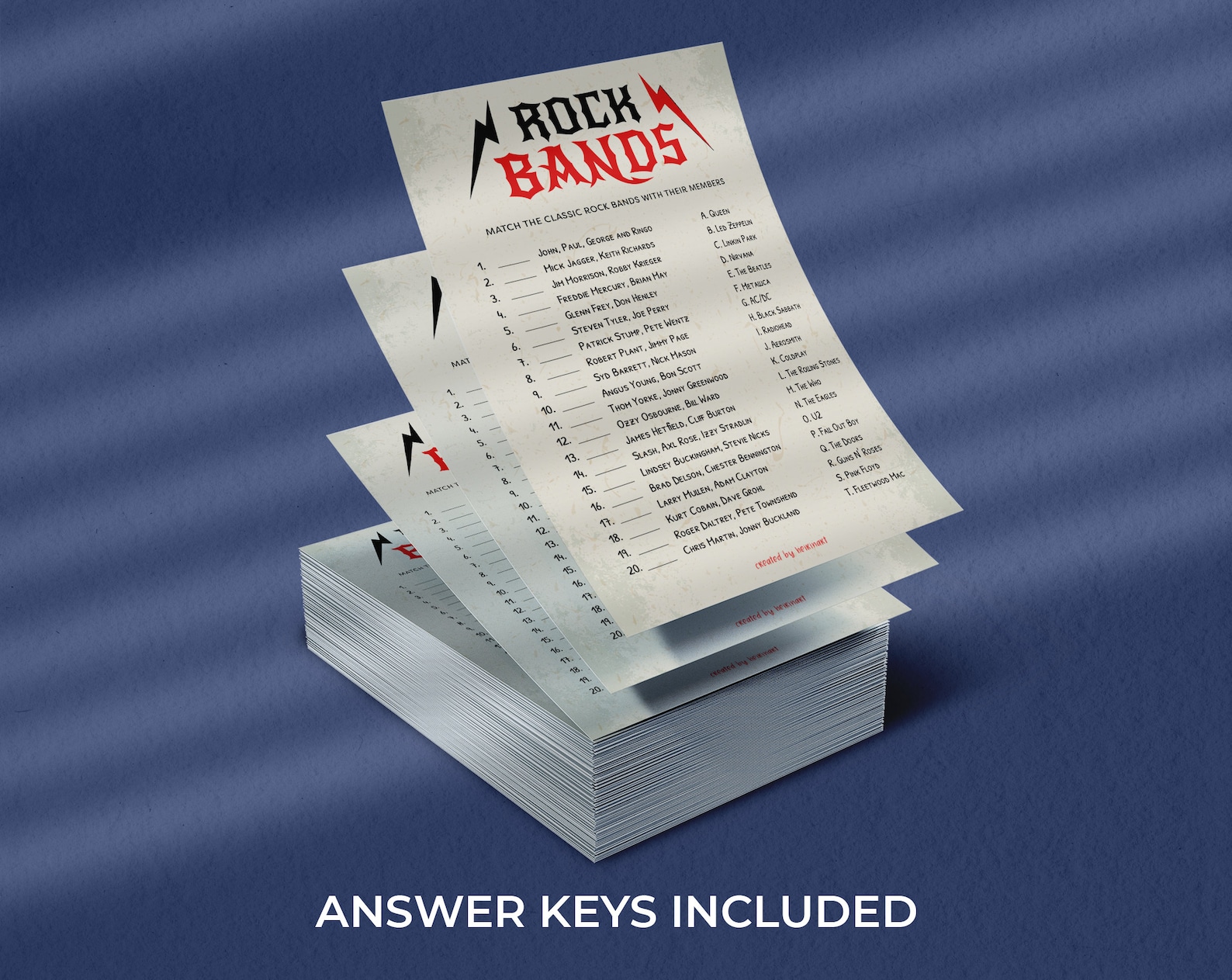 Rock Bands Match up Trivia Game, Printable Party Games, Party Game for ...