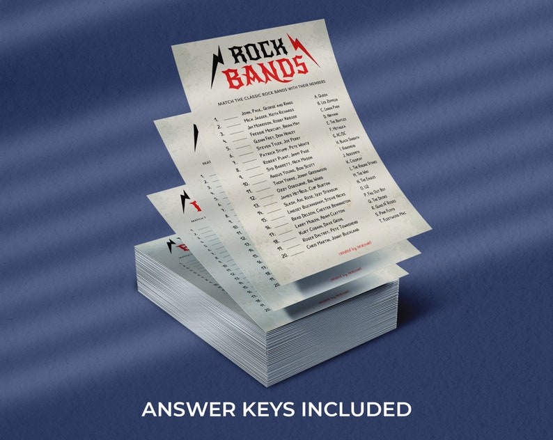 Rock Bands Match up Trivia Game, Printable Party Games, Party Game for ...