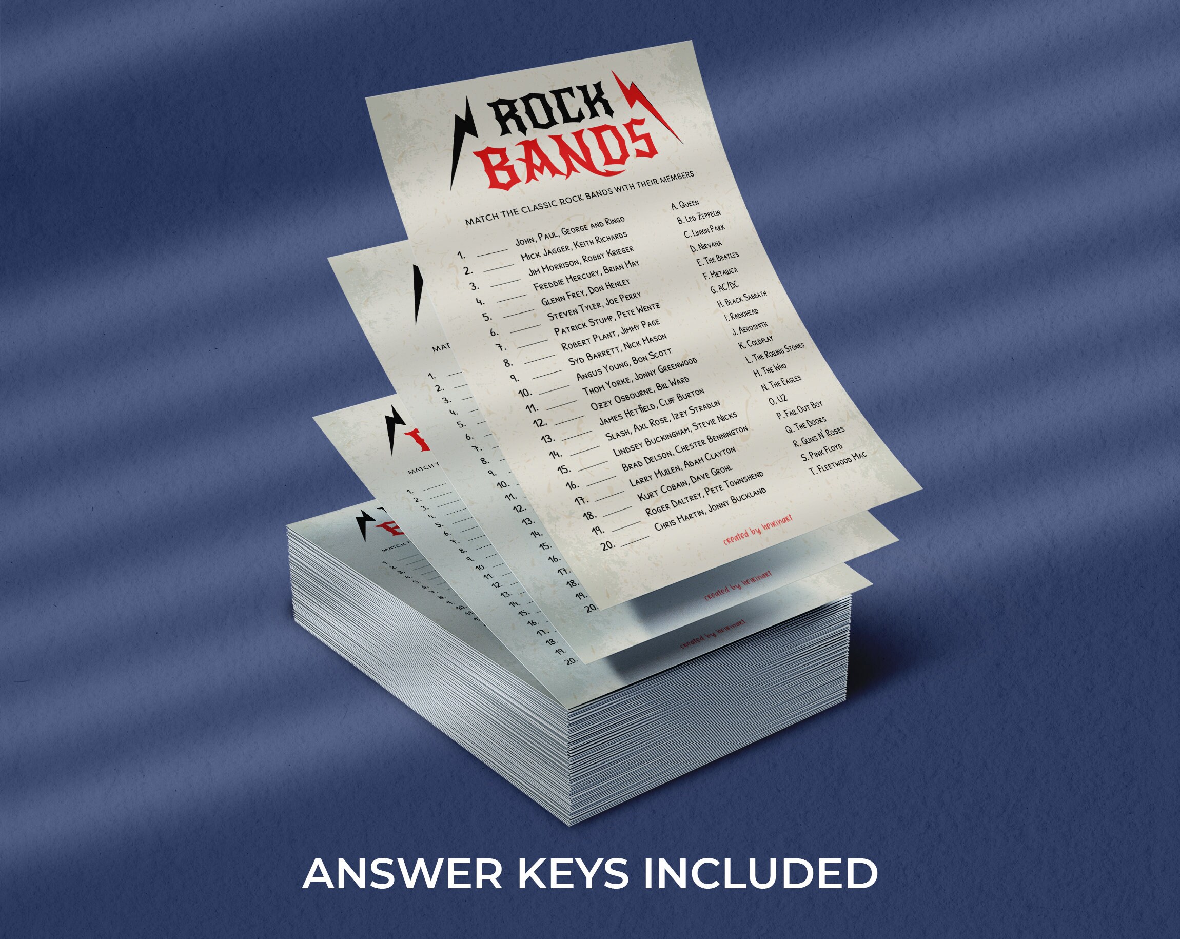 Rock Bands Match up Trivia Game, Printable Party Games, Party Game for ...