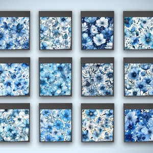 Blue Floral Digital Paper Watercolor Flowers Backgrounds Commercial Use ...