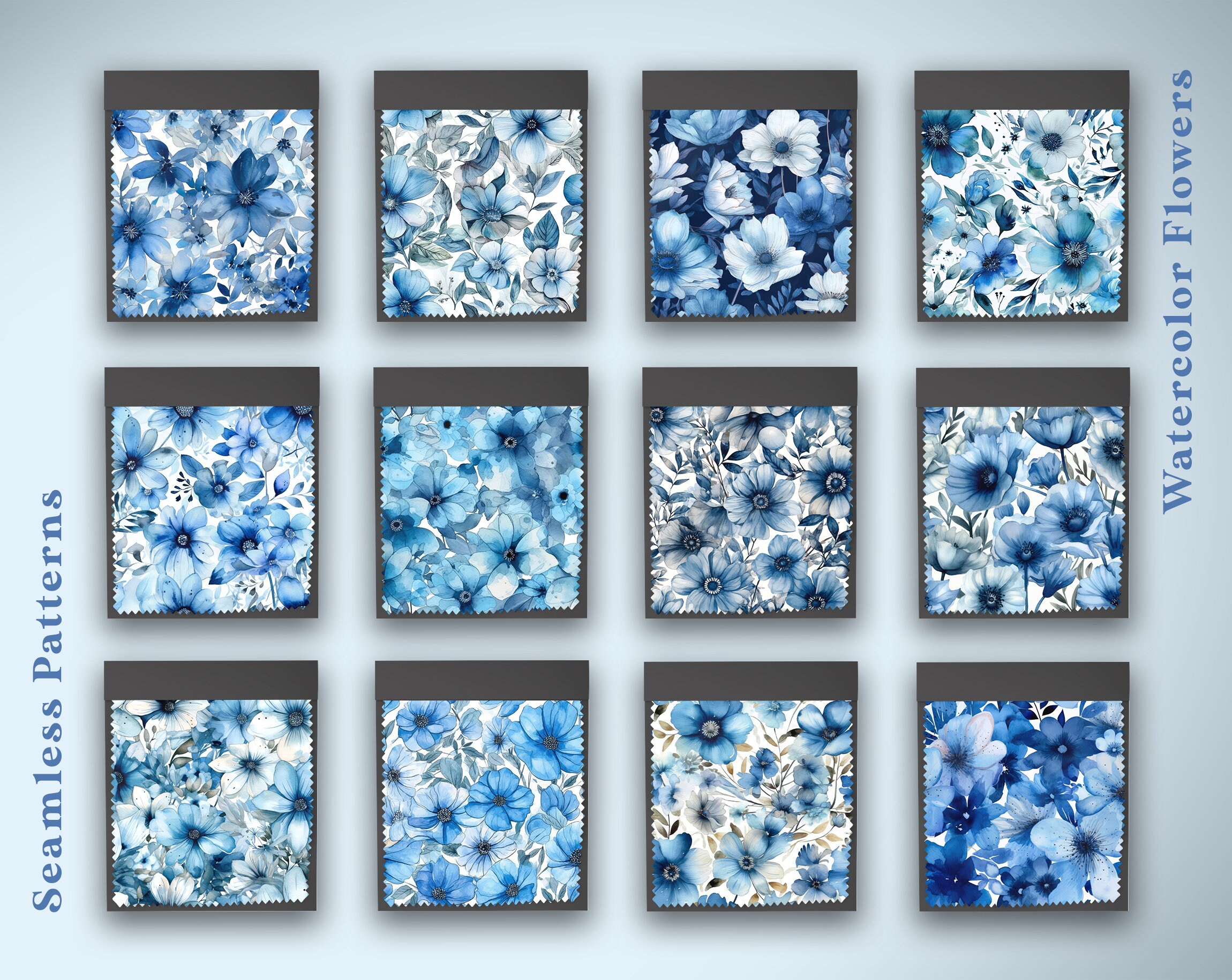 Blue Floral Digital Paper Watercolor Flowers Backgrounds Commercial Use ...