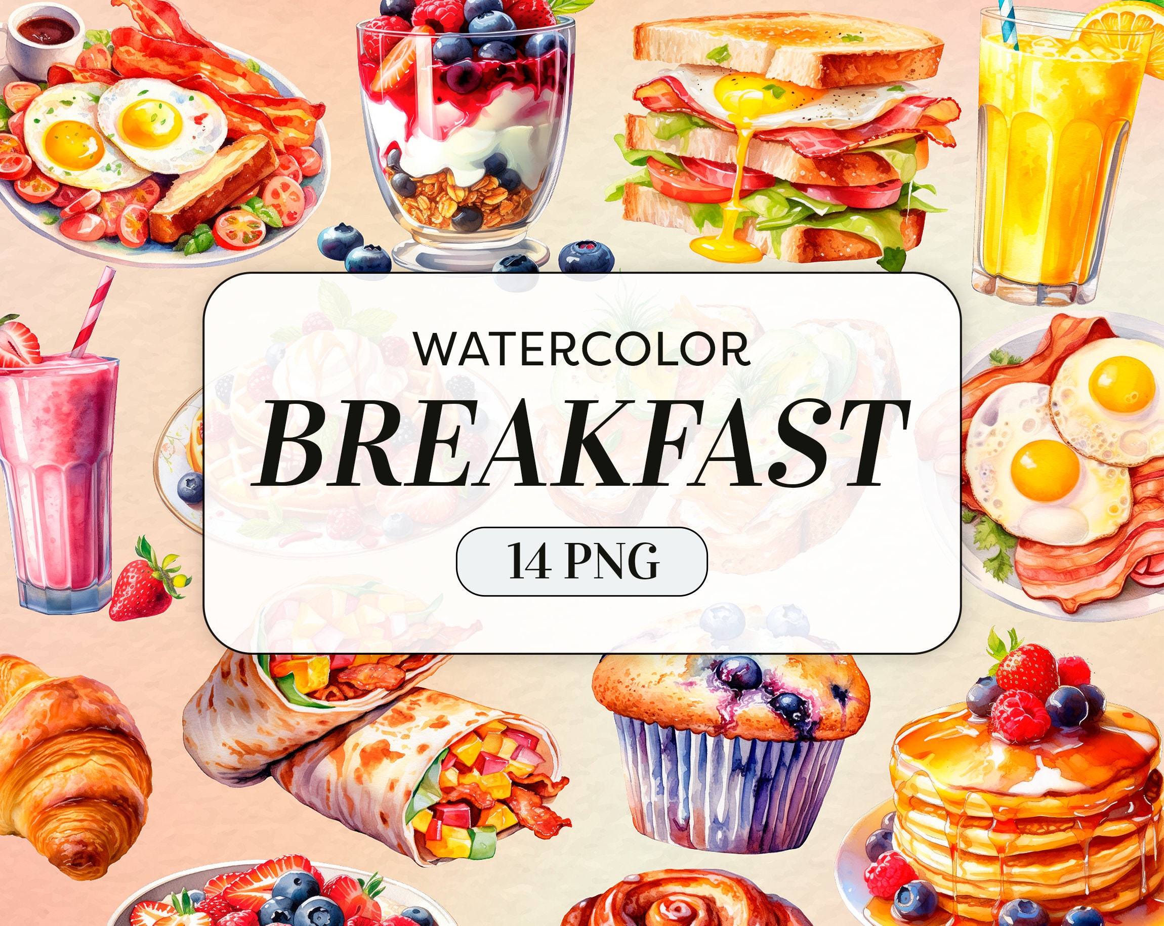 Watercolor Breakfast Clipart - Watercolor Food PNG - Commercial Use ...