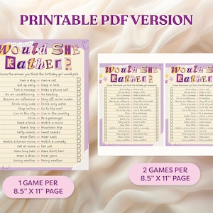 Would She Rather Birthday Girl Game, Printable Editable Birthday Game ...