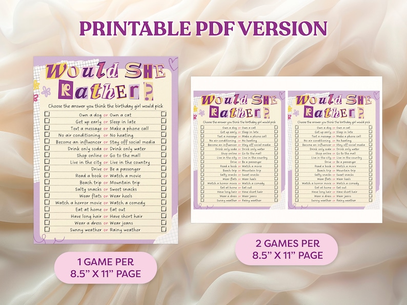 Would She Rather Birthday Girl Game, Printable Editable Birthday Game ...