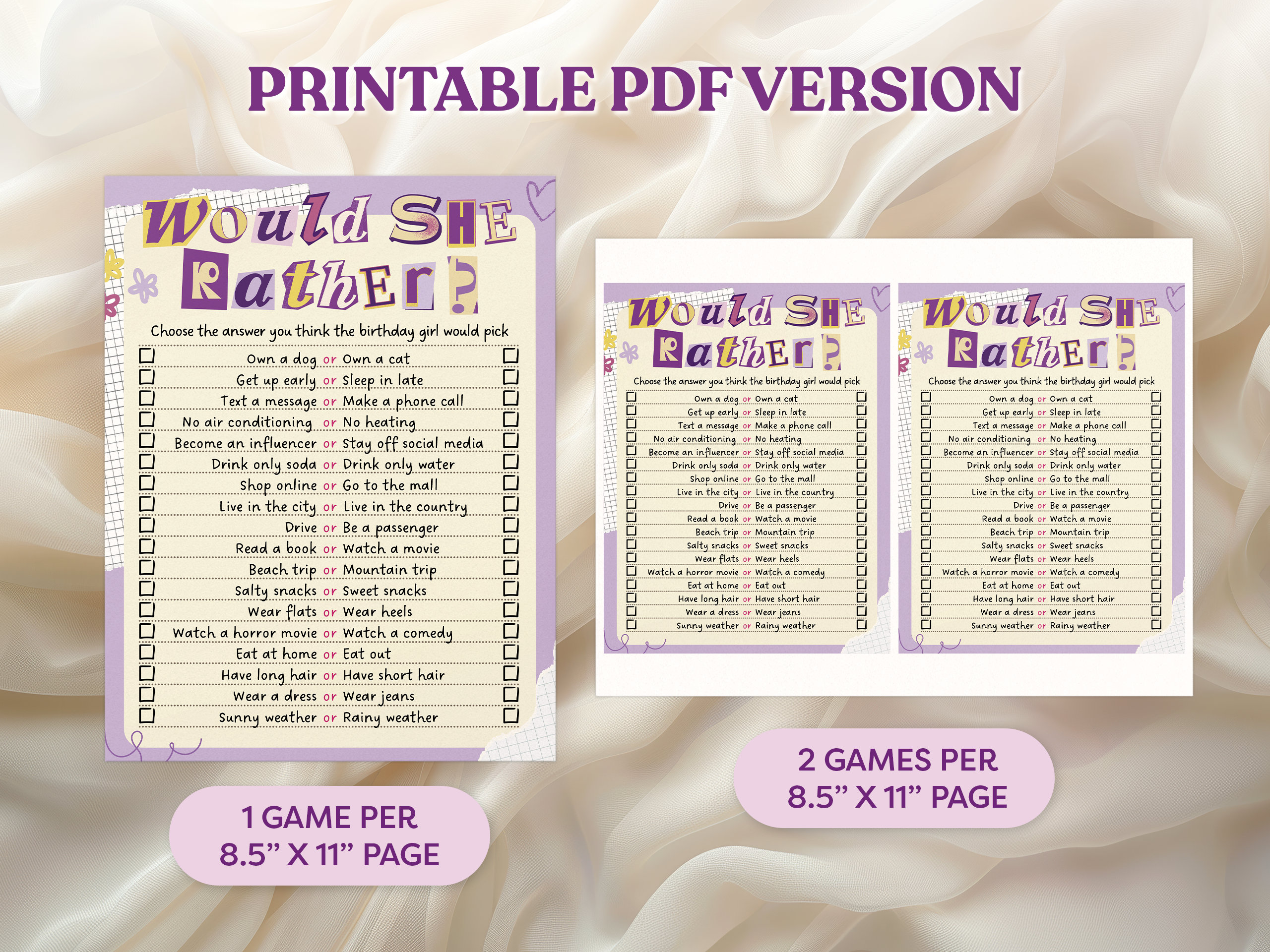 Would She Rather Birthday Girl Game, Printable Editable Birthday Game ...