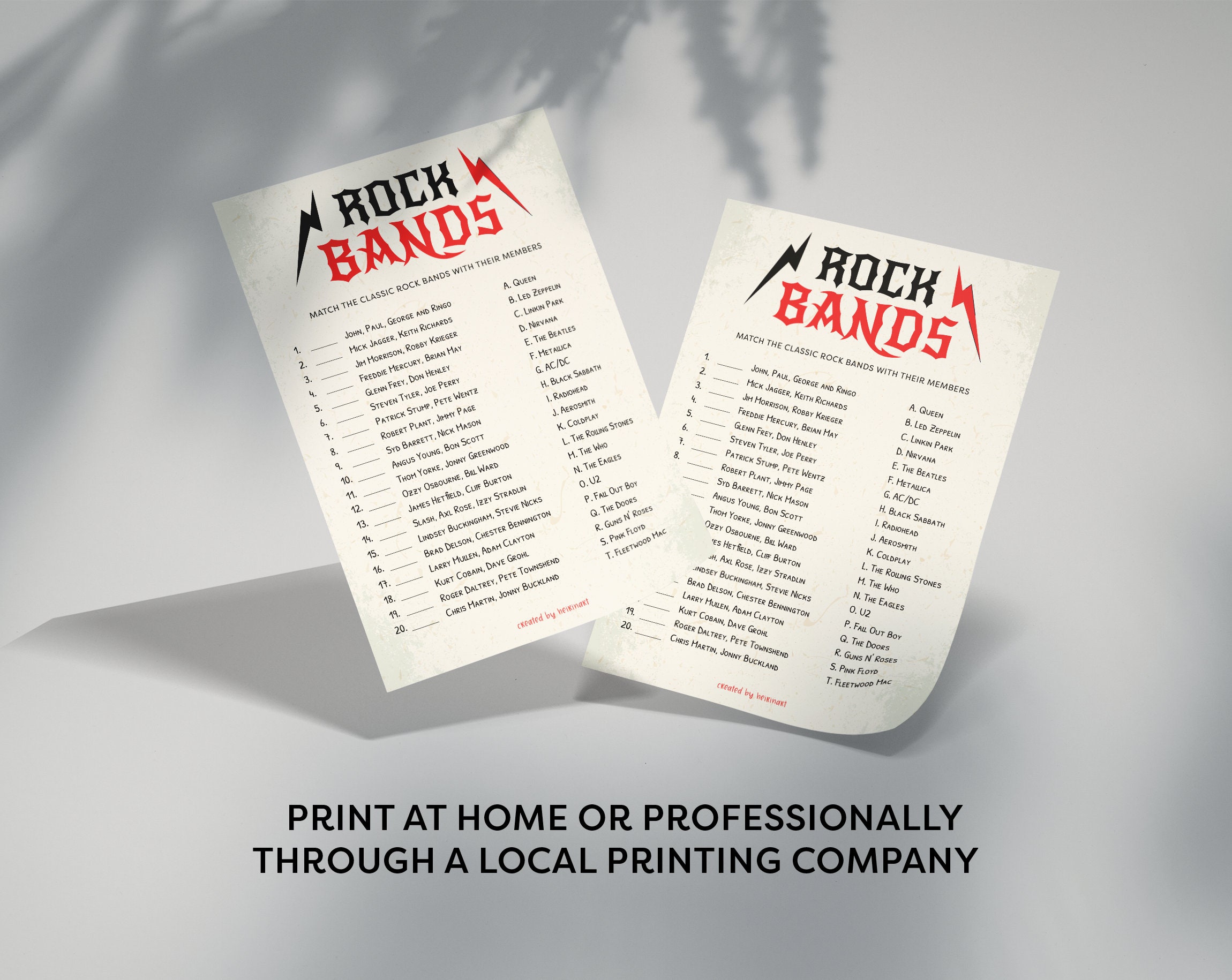 Rock Bands Match up Trivia Game, Printable Party Games, Party Game for ...