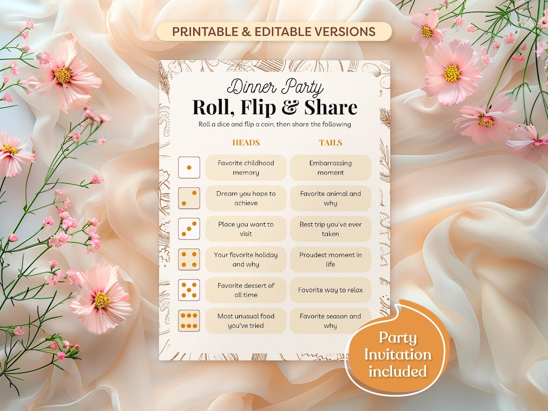 Roll, Flip & Share Dinner Party Game, Printable Editable Game ...