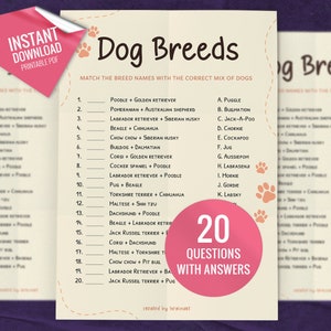 Dog Breeds Match up Trivia Game, Printable Party Games, Party Game for ...