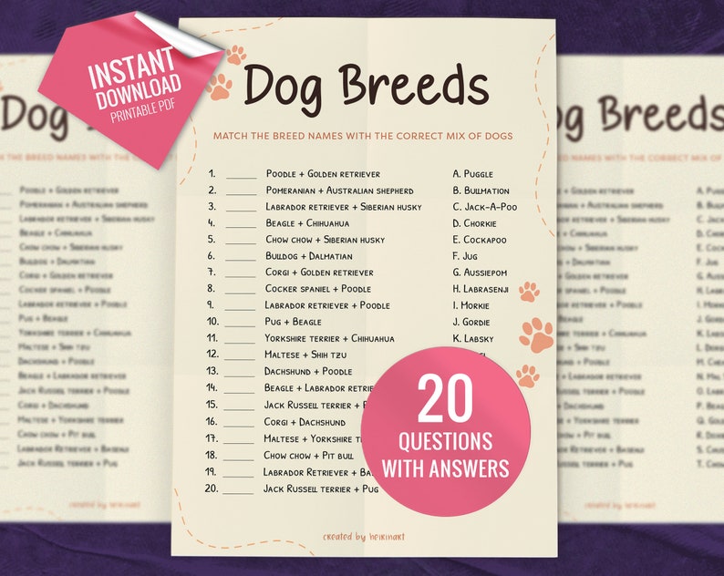 Dog Breeds Match up Trivia Game, Printable Party Games, Party Game for ...