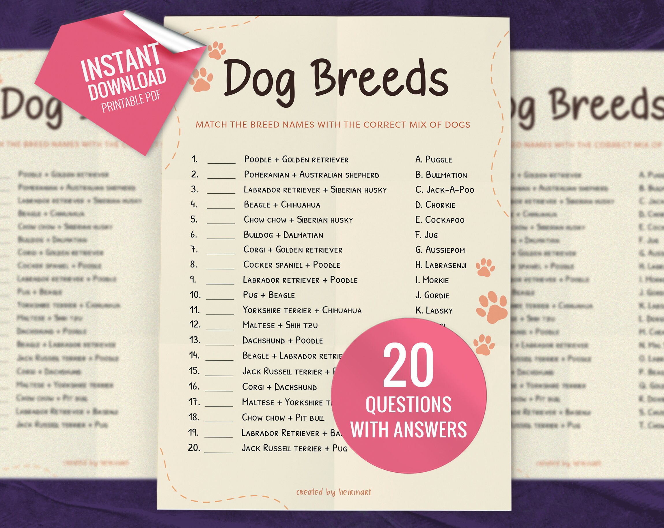 Dog Breeds Match up Trivia Game, Printable Party Games, Party Game for ...