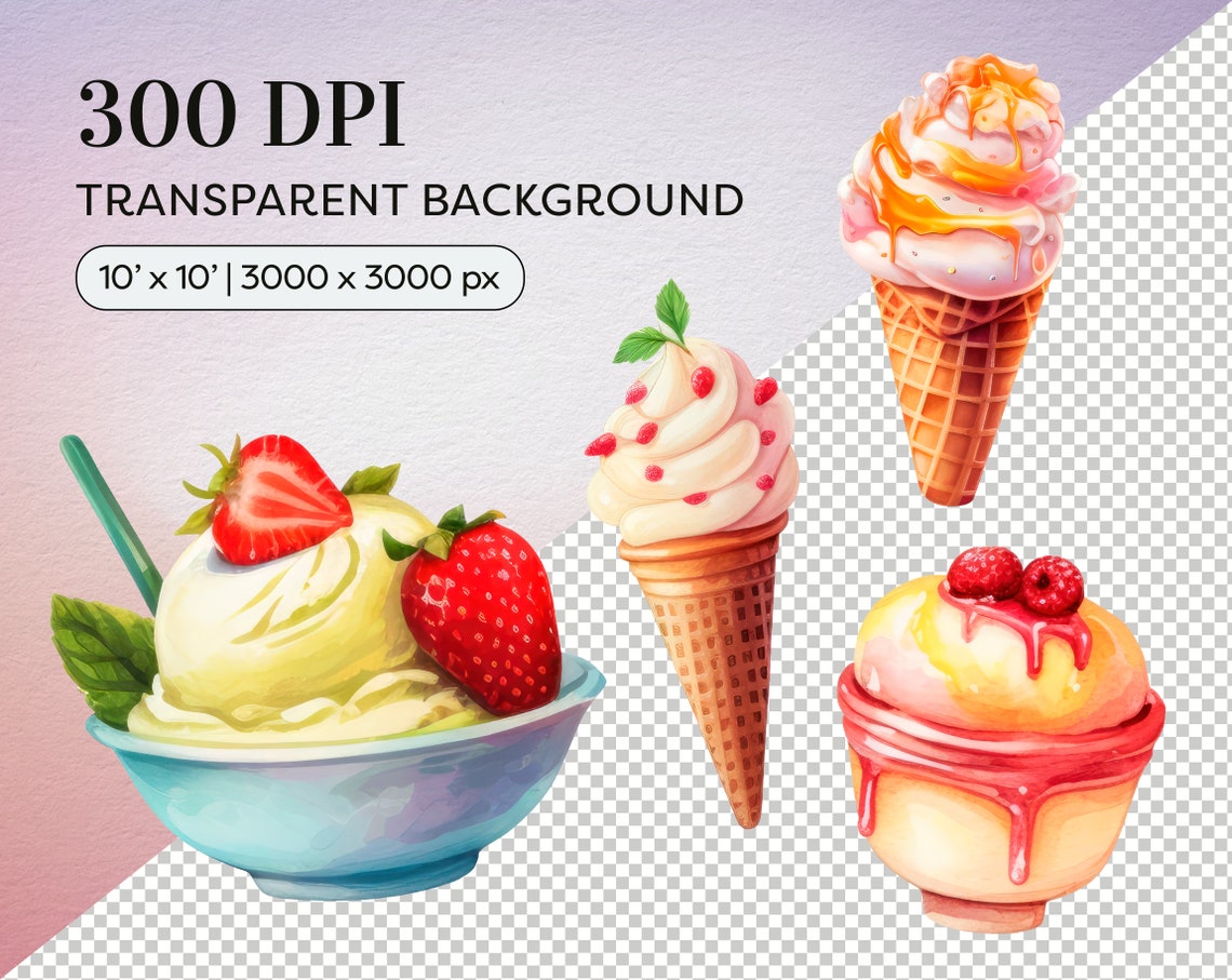 Watercolor Ice Cream Clipart - Watercolor Ice Cream PNG - Commercial ...