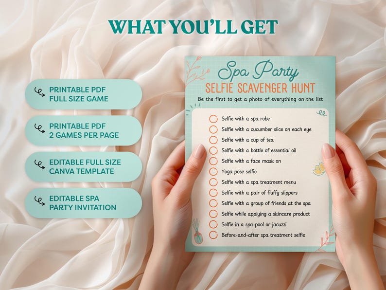 Selfie Scavenger Hunt Spa Party Game, Printable & Editable Game, Fun ...