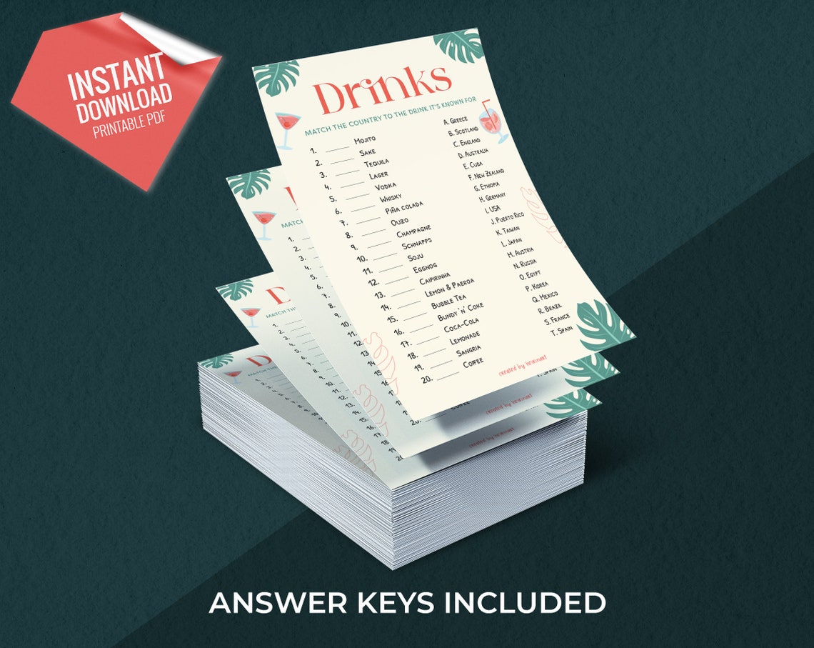 Drinks Match up Trivia Game Printable Party Games Party Game - Etsy