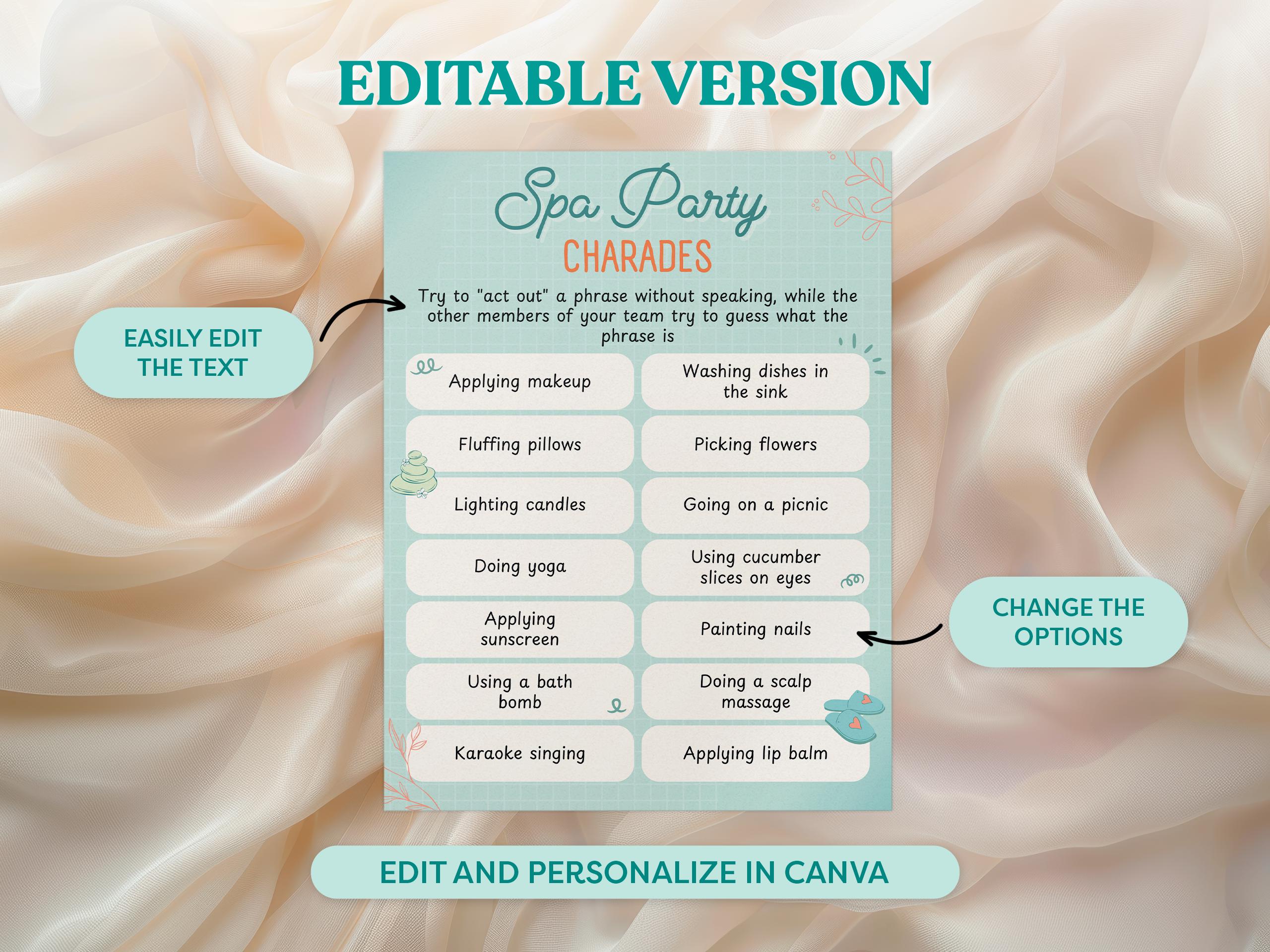 Charades Spa Party Game, Printable & Editable Game, Fun Teens Tweens ...