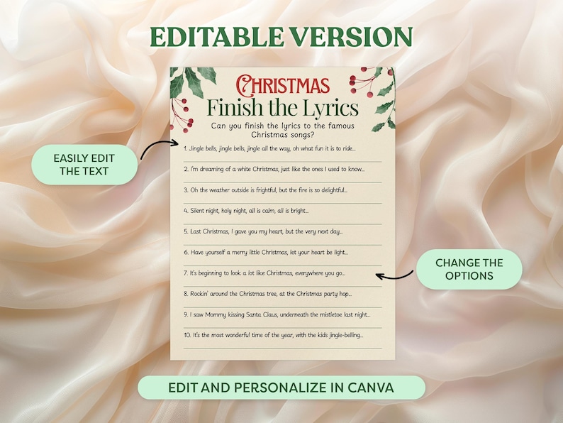 Finish the Lyrics Christmas Game, Printable Editable Game, Fun Family ...