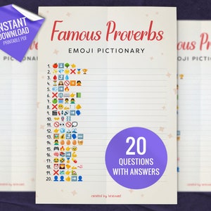 Famous Proverbs Emoji Pictionary, Printable Party Games, Birthday Party ...