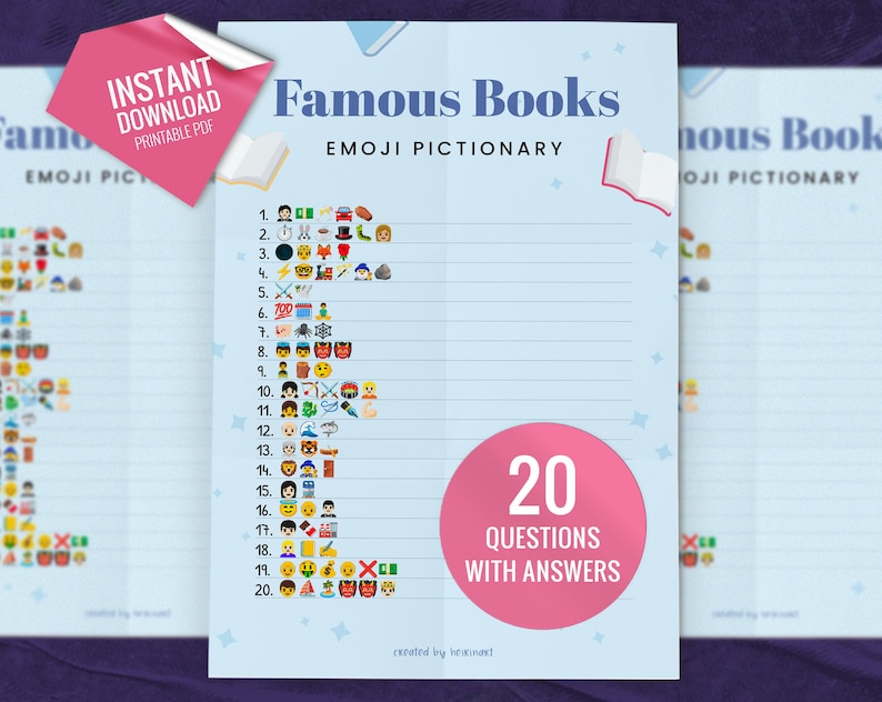 Famous Books Emoji Pictionary, Printable Party Games, Fun Family ...