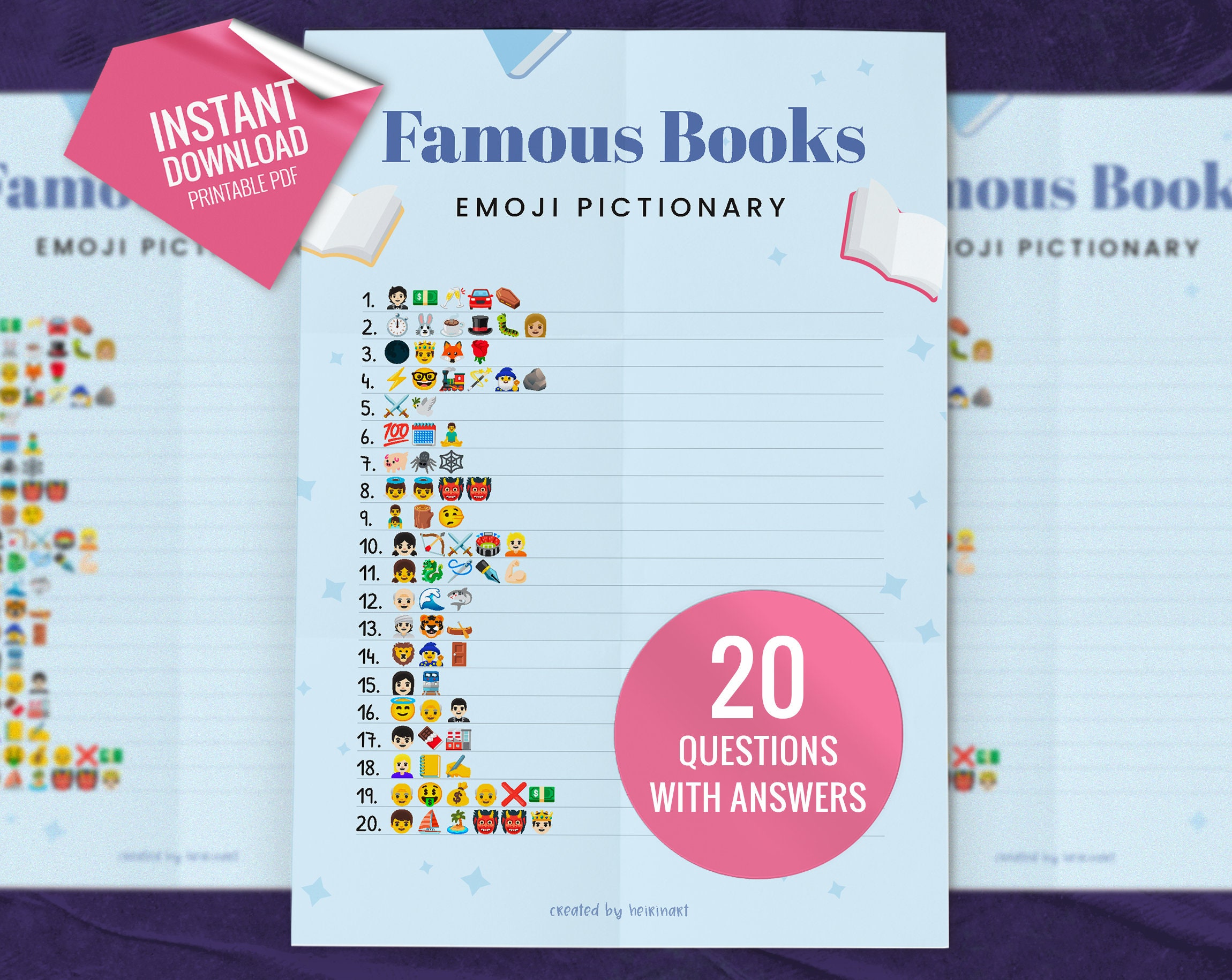 Famous Books Emoji Pictionary, Printable Party Games, Fun Family ...