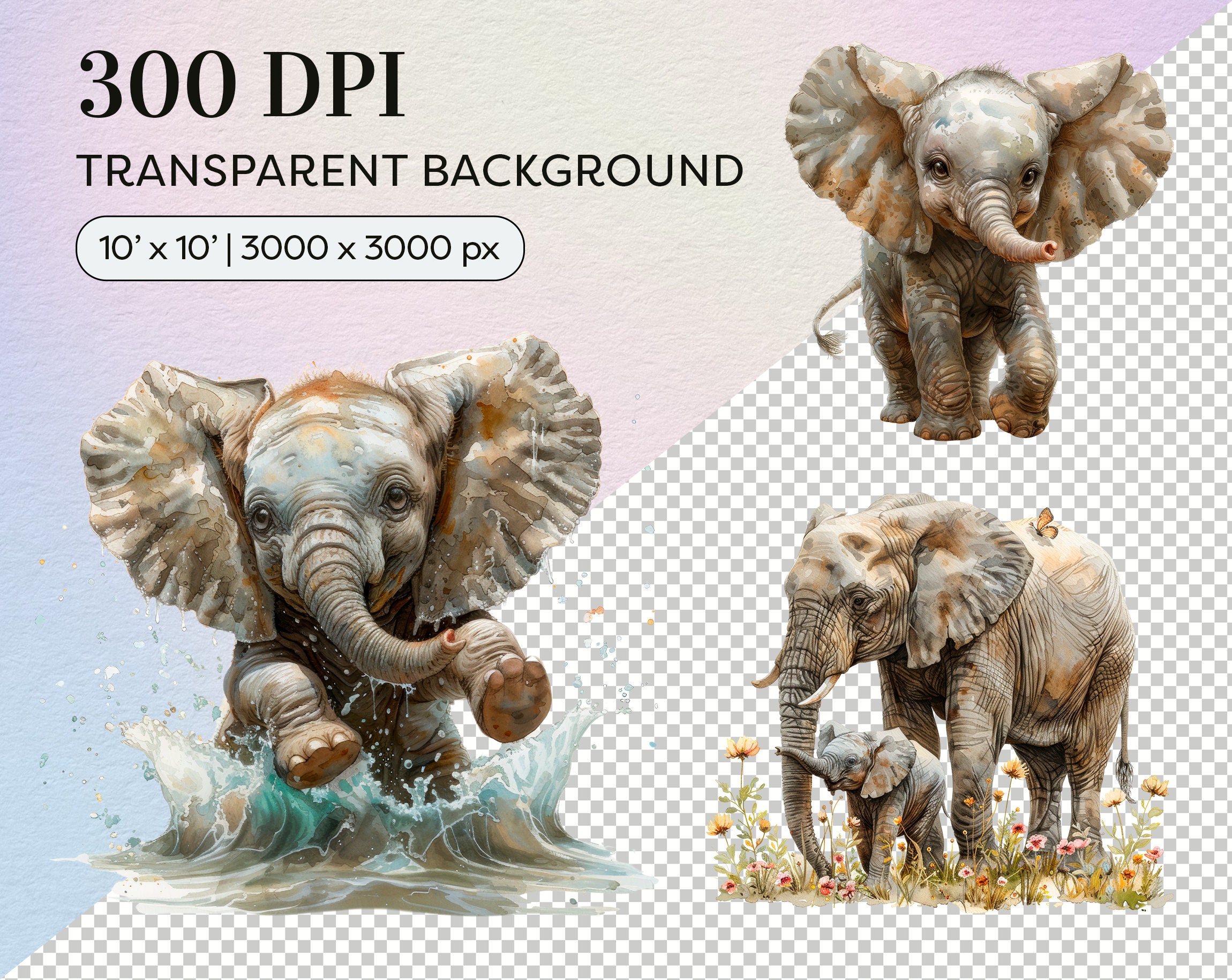 Watercolor Baby Elephant Clipart Cute Elephant PNG Commercial Use ...