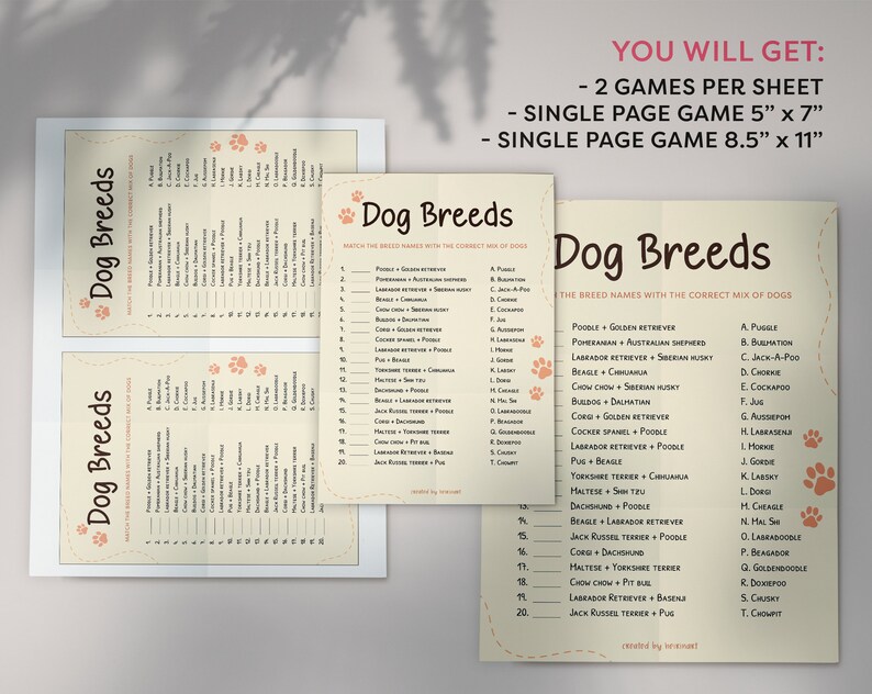 Dog Breeds Match up Trivia Game, Printable Party Games, Party Game for ...