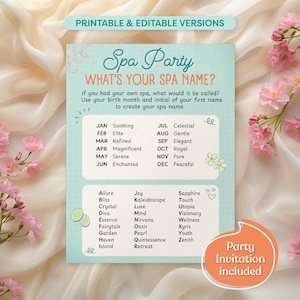 Spa Party Game, What's Your Spa Name, Printable & Editable Game, Fun ...