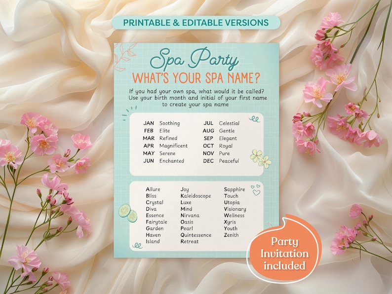 Spa Party Game, What's Your Spa Name, Printable & Editable Game, Fun ...