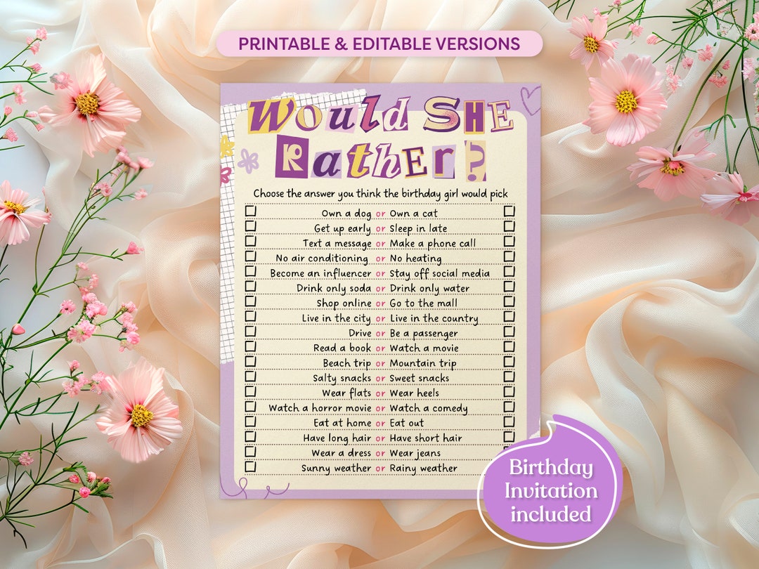 Would She Rather Birthday Girl Game, Printable Editable Birthday Game ...