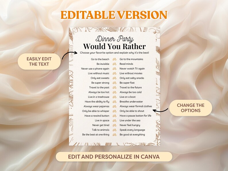 Would You Rather Dinner Party Game, Printable & Editable Game ...