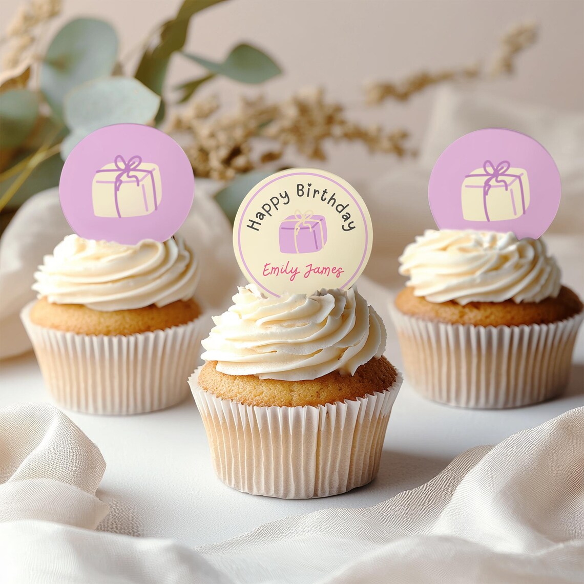 Birthday Cupcake Toppers, Editable Canva Template, Printable Purple ...
