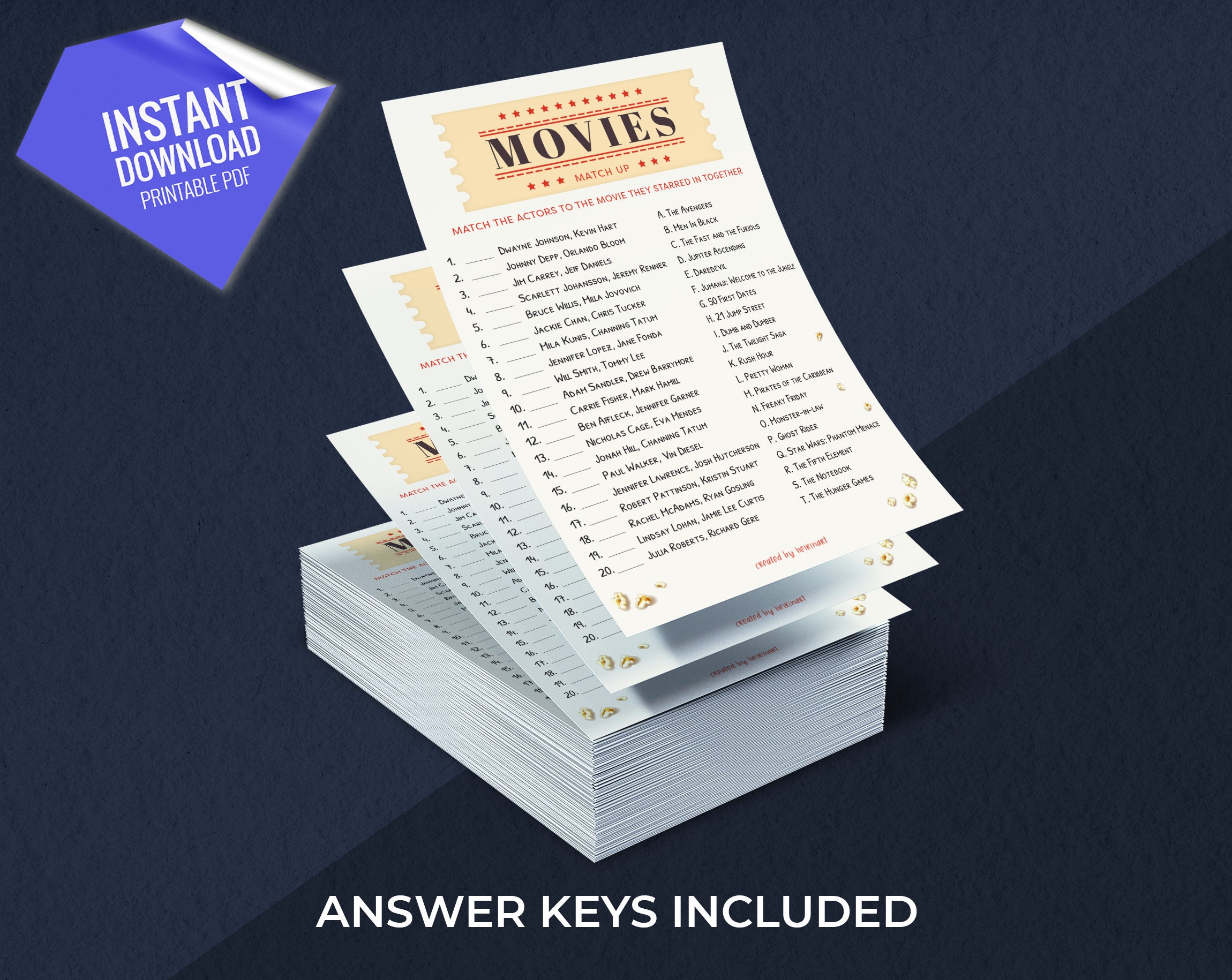 Movies Match up Trivia Game, Printable Party Games, Party Game for Kids ...