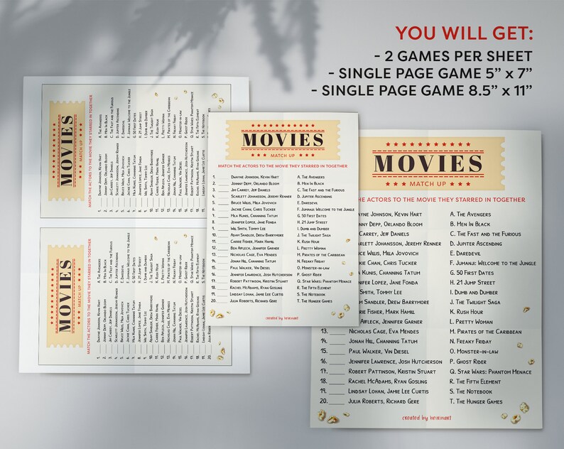 Movies Match up Trivia Game, Printable Party Games, Party Game for Kids ...