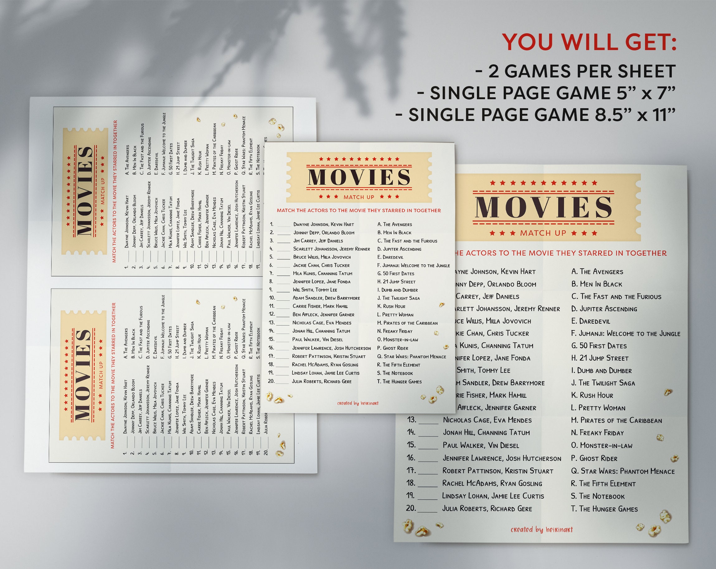 Movies Match up Trivia Game, Printable Party Games, Party Game for Kids ...