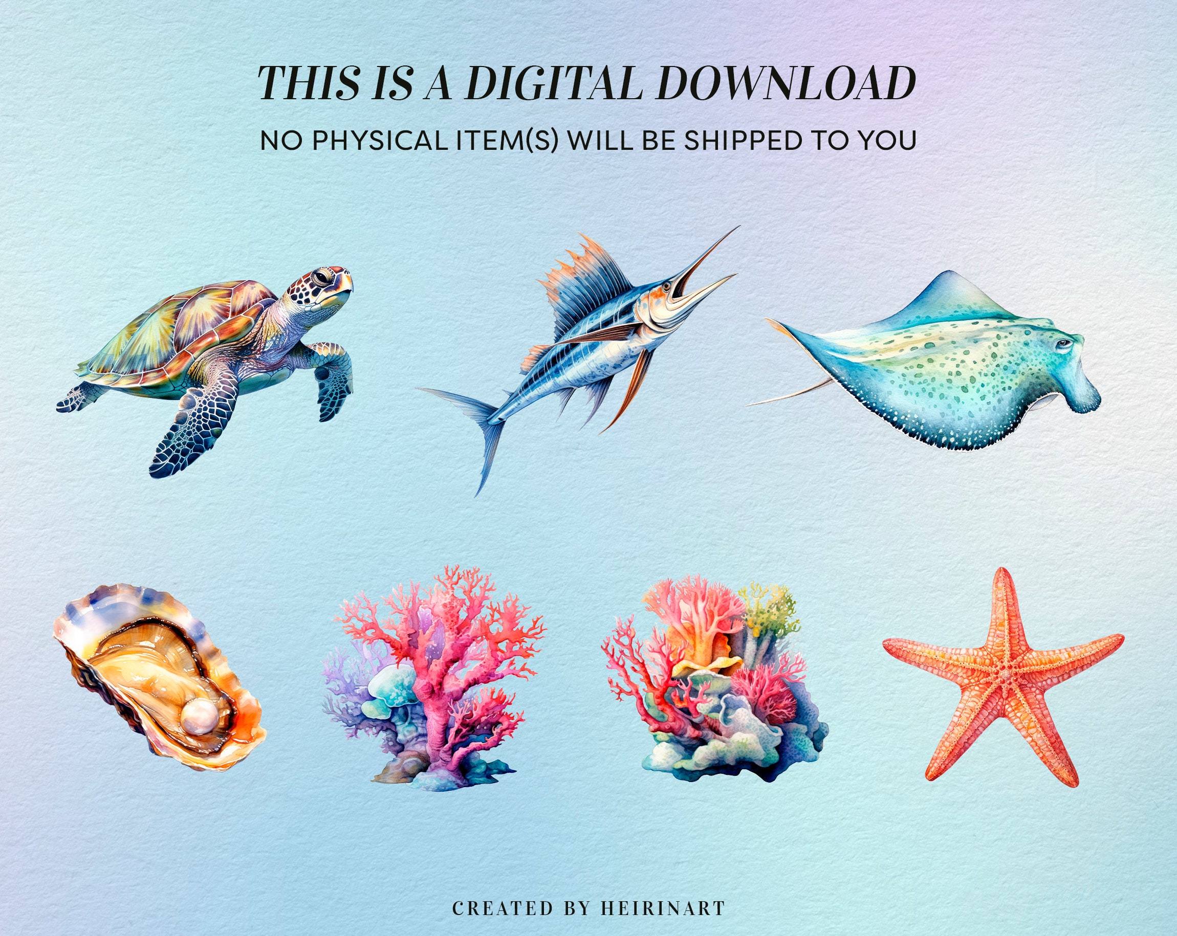 Aquatic Animals Clipart Watercolor Sea Animals PNG Commercial Use Ocean ...