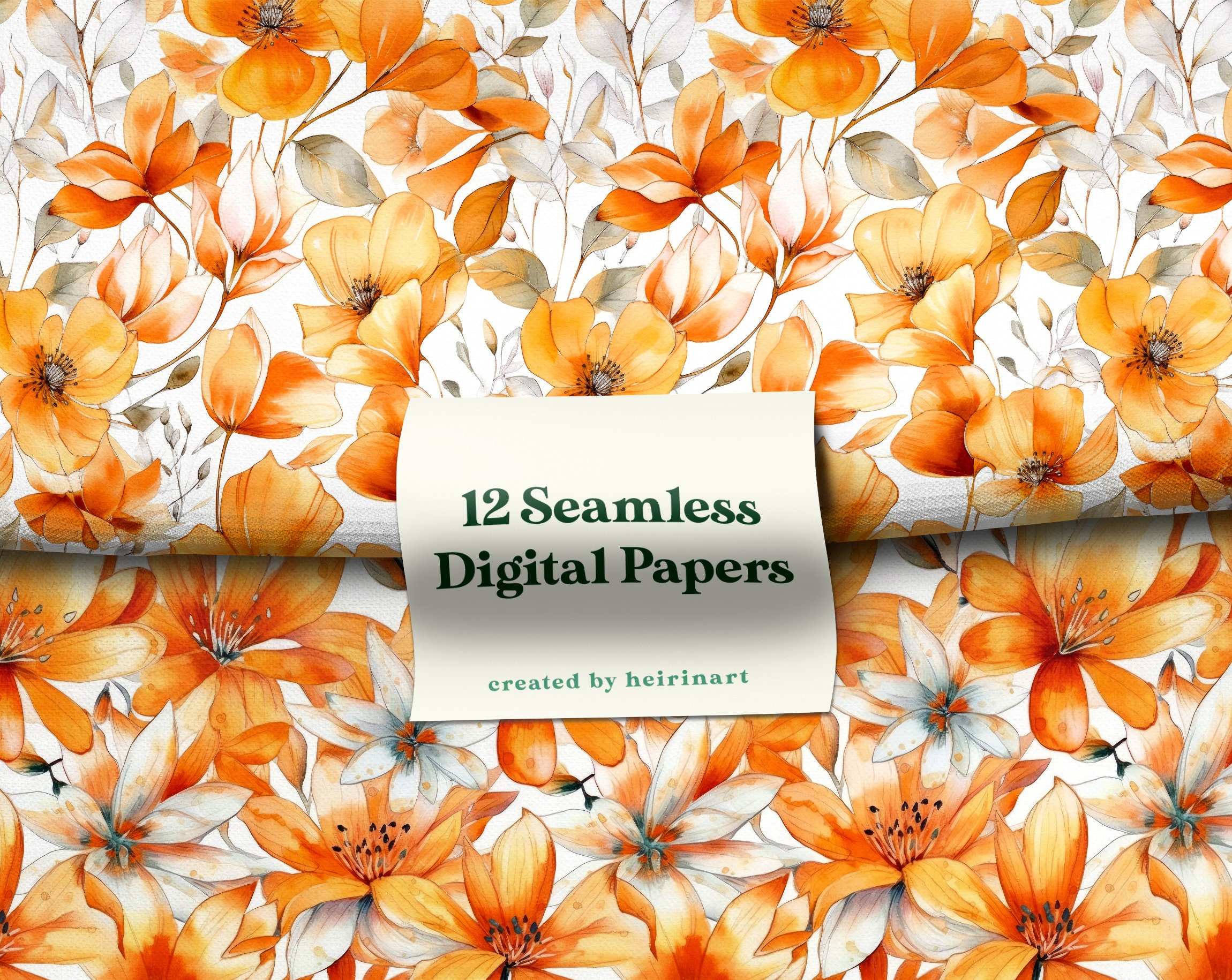 Orange Floral Digital Paper Watercolor Flowers Backgrounds Commercial ...