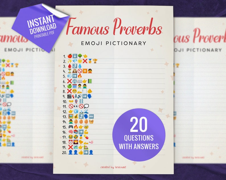 Famous Proverbs Emoji Pictionary, Printable Party Games, Birthday Party ...