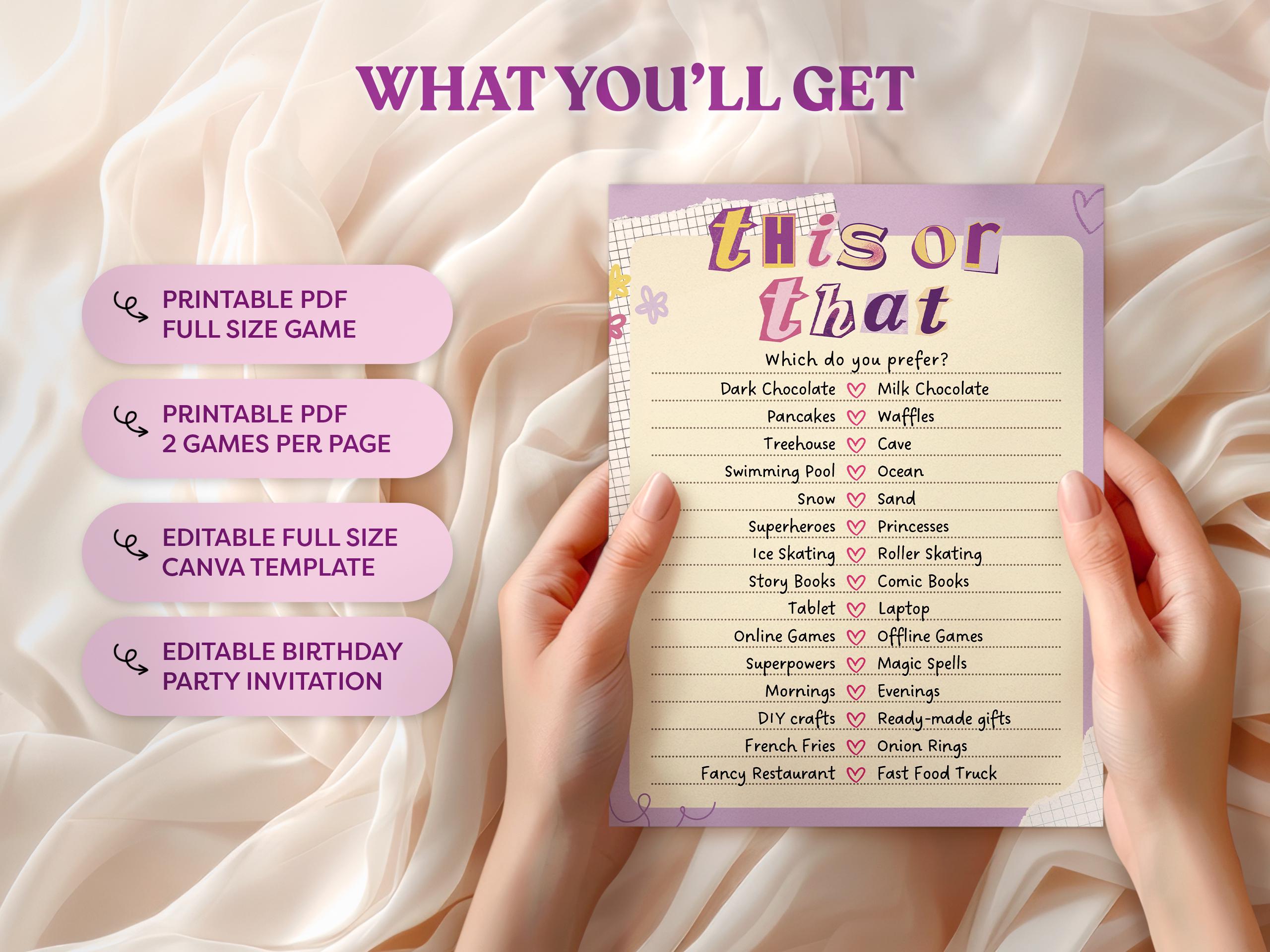This or That Birthday Game for Her, Printable Editable Party Game ...