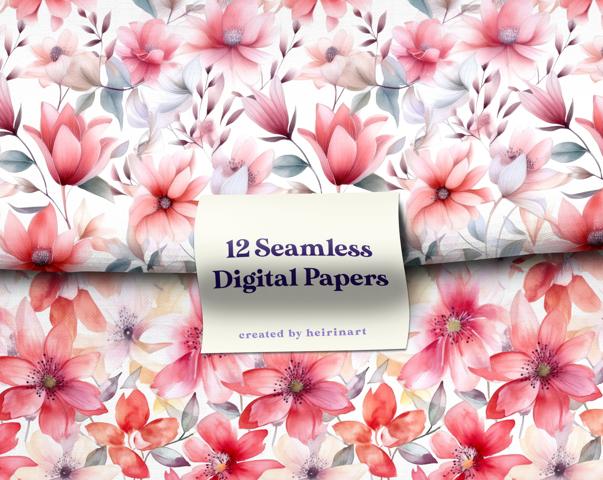 Pink Floral Digital Paper Watercolor Flowers Backgrounds Commercial Use ...