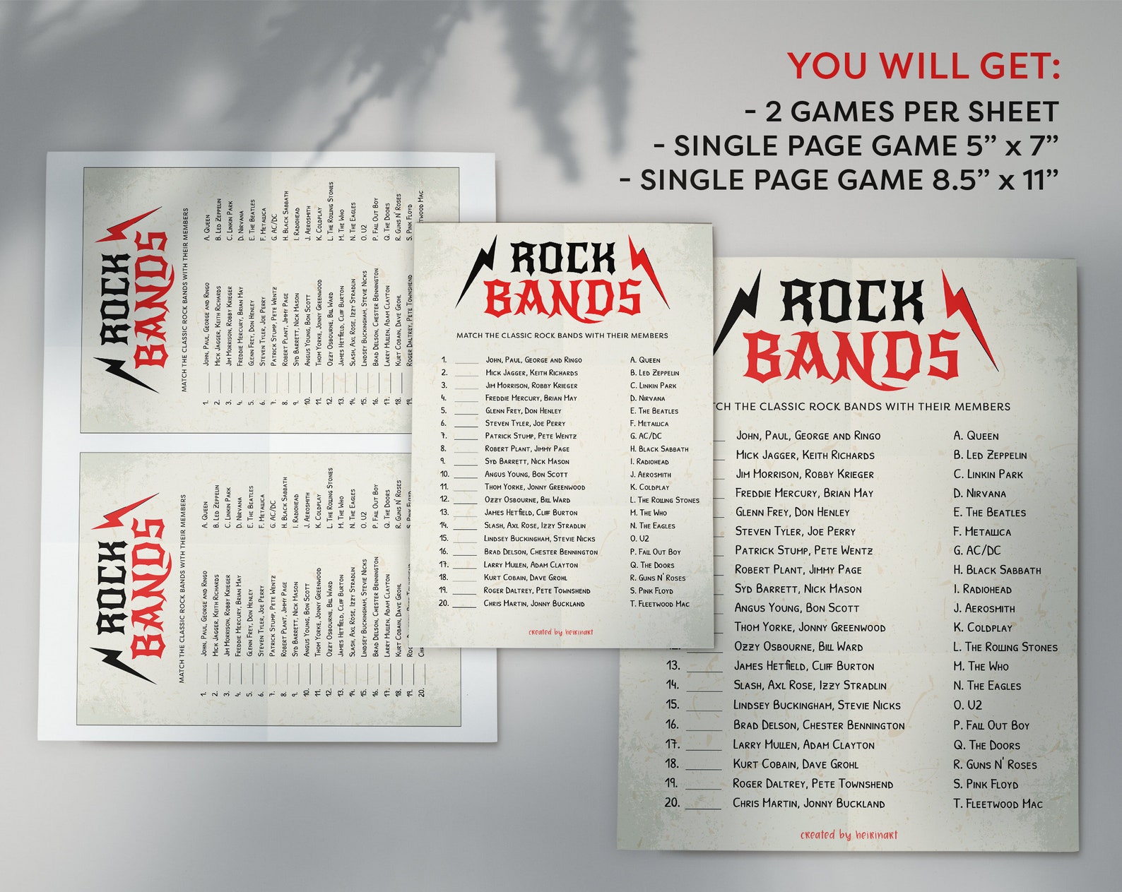 Rock Bands Match up Trivia Game, Printable Party Games, Party Game for ...