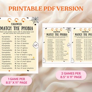 Match the Phobia Halloween Game, Printable & Editable Game, Fun Party ...