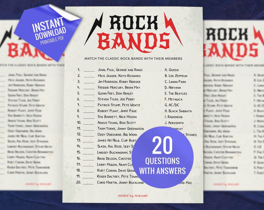 Rock Bands Match up Trivia Game, Printable Party Games, Party Game for ...