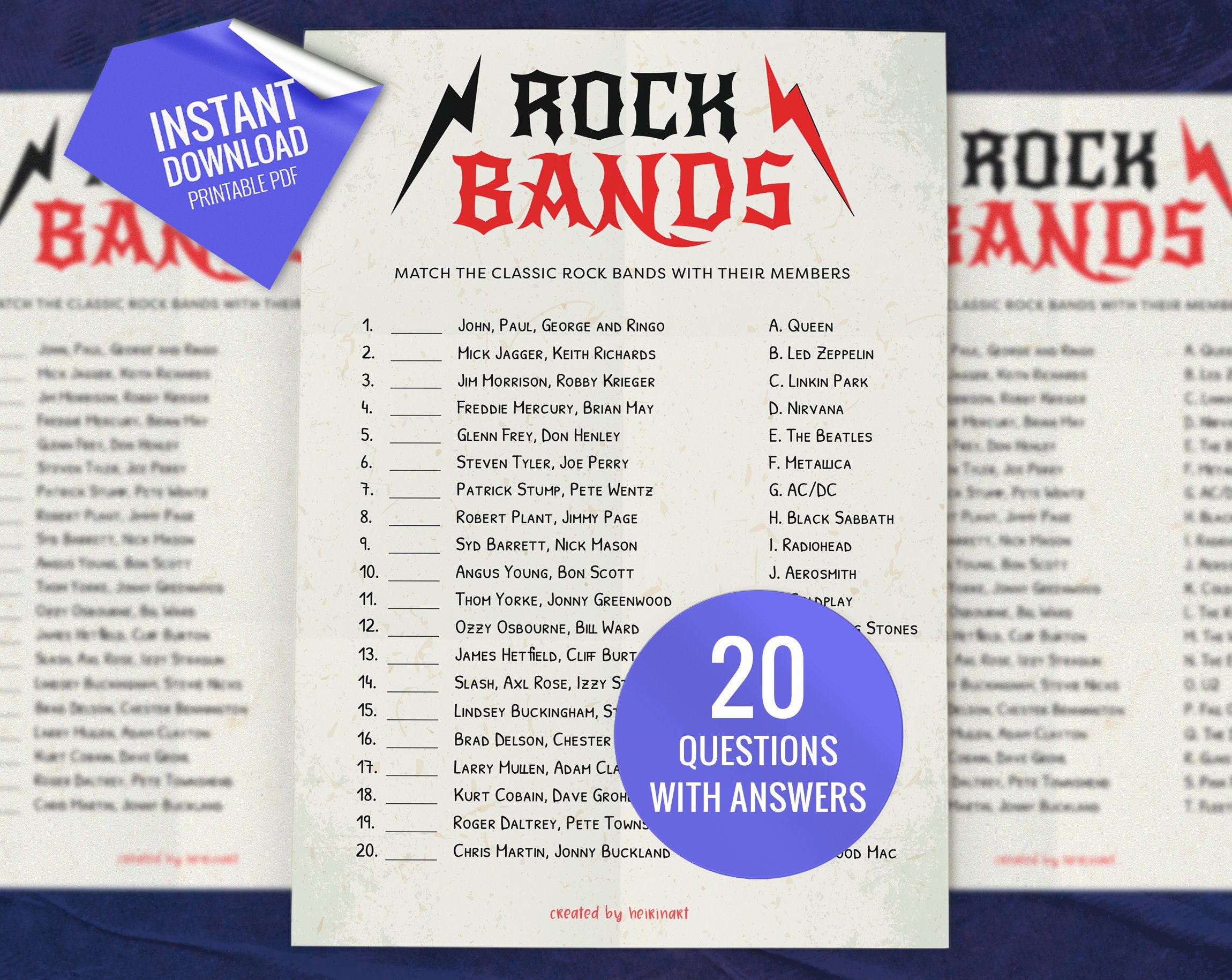 Rock Bands Match up Trivia Game, Printable Party Games, Party Game for ...
