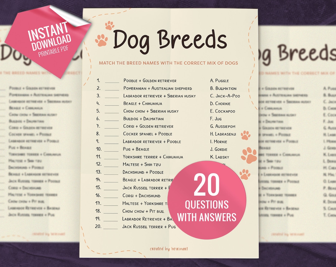 Dog Breeds Match up Trivia Game, Printable Party Games, Party Game for ...