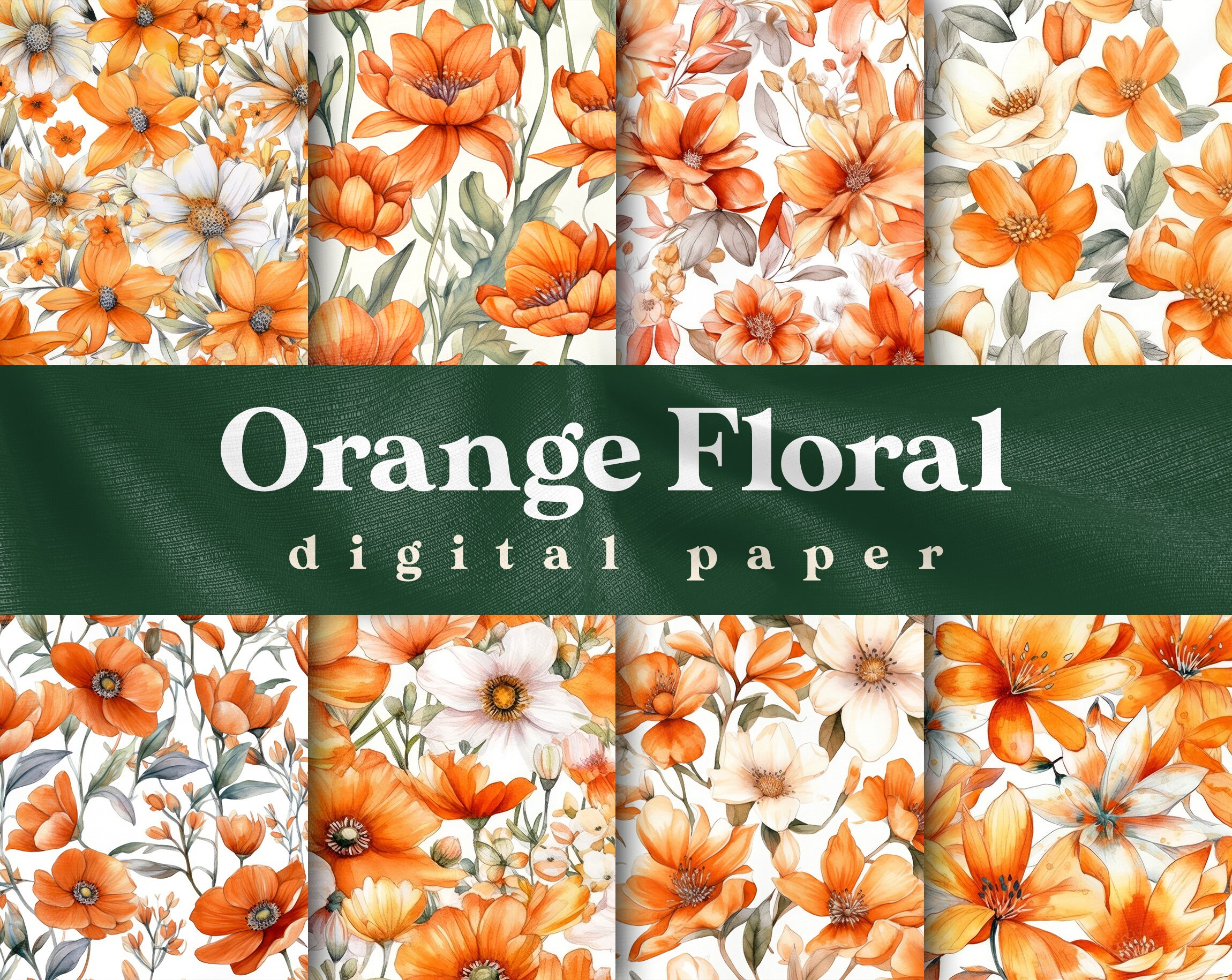 Orange Floral Digital Paper Watercolor Flowers Backgrounds Commercial ...