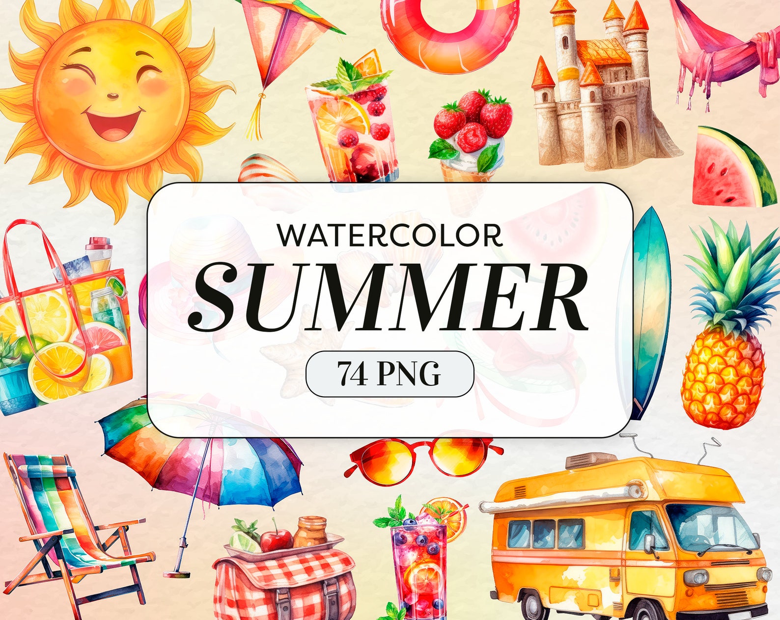 Watercolor Summer Clipart - Watercolor Summer PNG - Commercial Use ...
