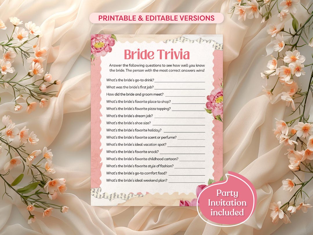 Bride Trivia Bachelorette Party Game, Printable & Editable Party Game ...