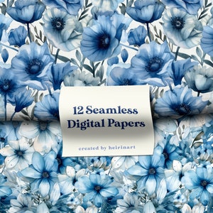 Blue Floral Digital Paper Watercolor Flowers Backgrounds Commercial Use ...