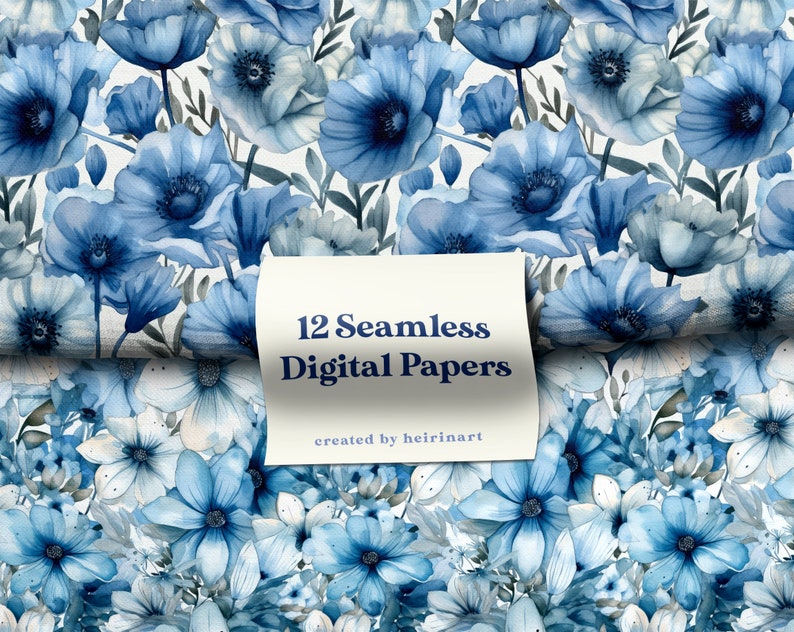 Blue Floral Digital Paper Watercolor Flowers Backgrounds Commercial Use ...