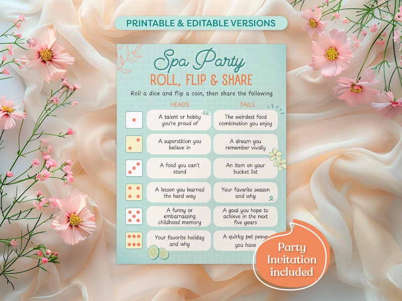 Roll, Flip & Share Spa Party Game, Printable Editable Game, Fun Teens ...